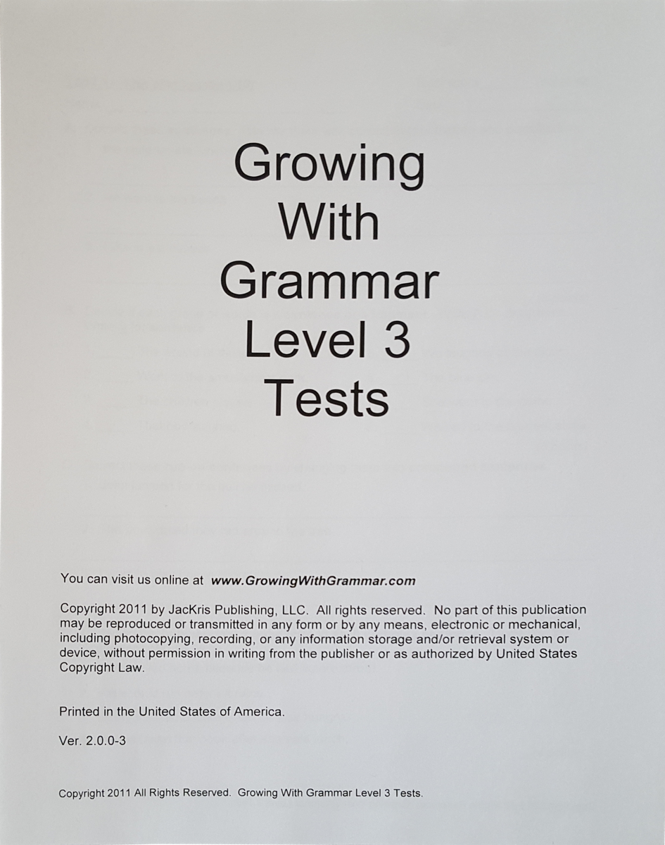 Growing With Grammar, Level 3, Tests – JacKris Publishing